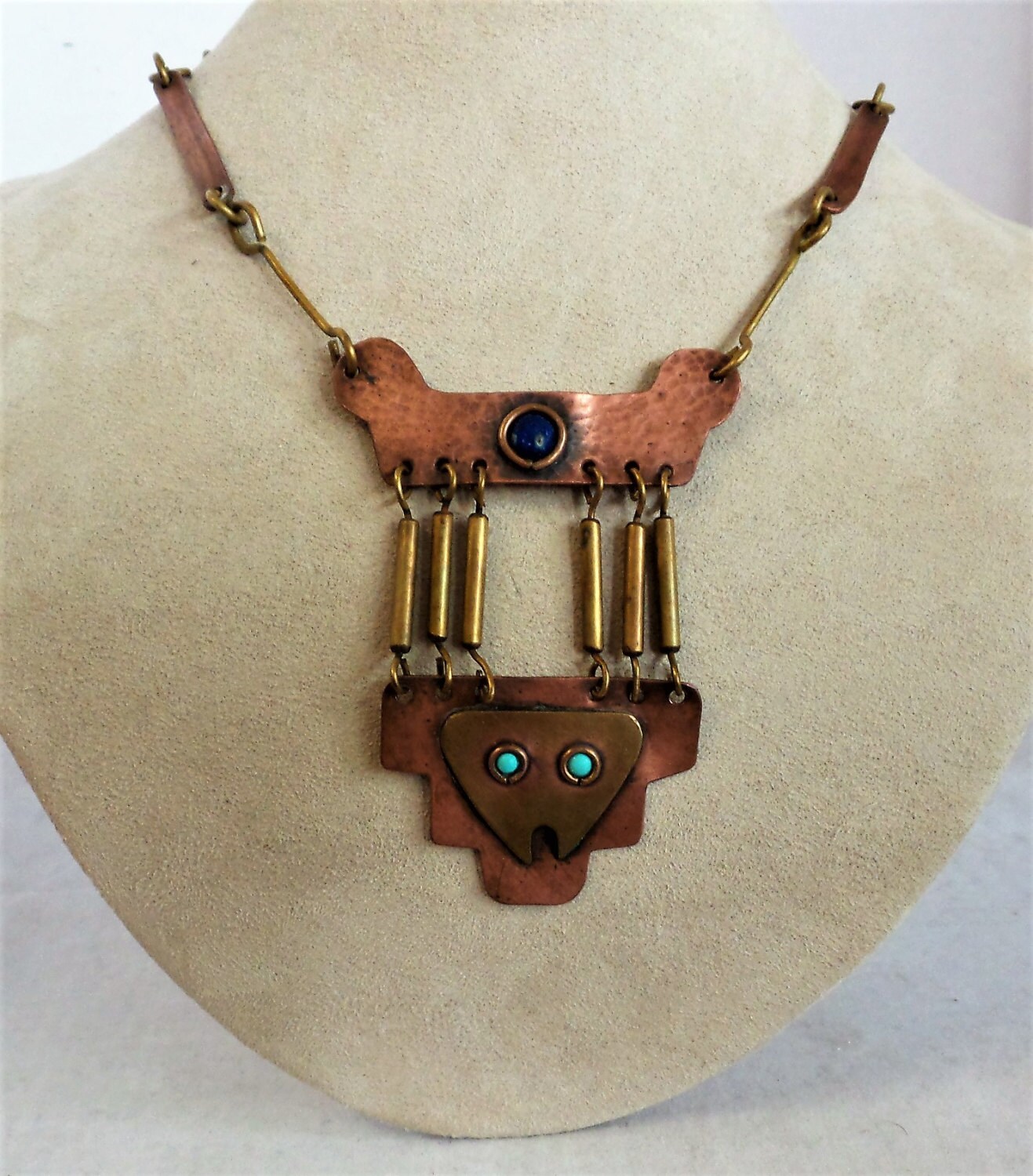 Necklace Vintage Hand Made Copper Brass and Stone Necklace - Etsy