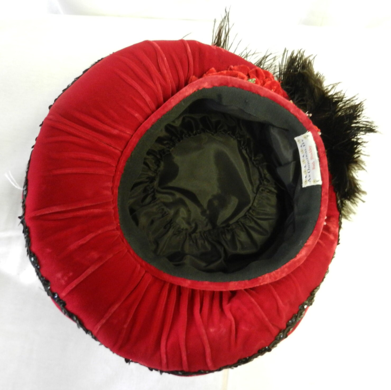 Vintgae Red Velvet Hat With Ostrich Feathers Sequins Hand - Etsy