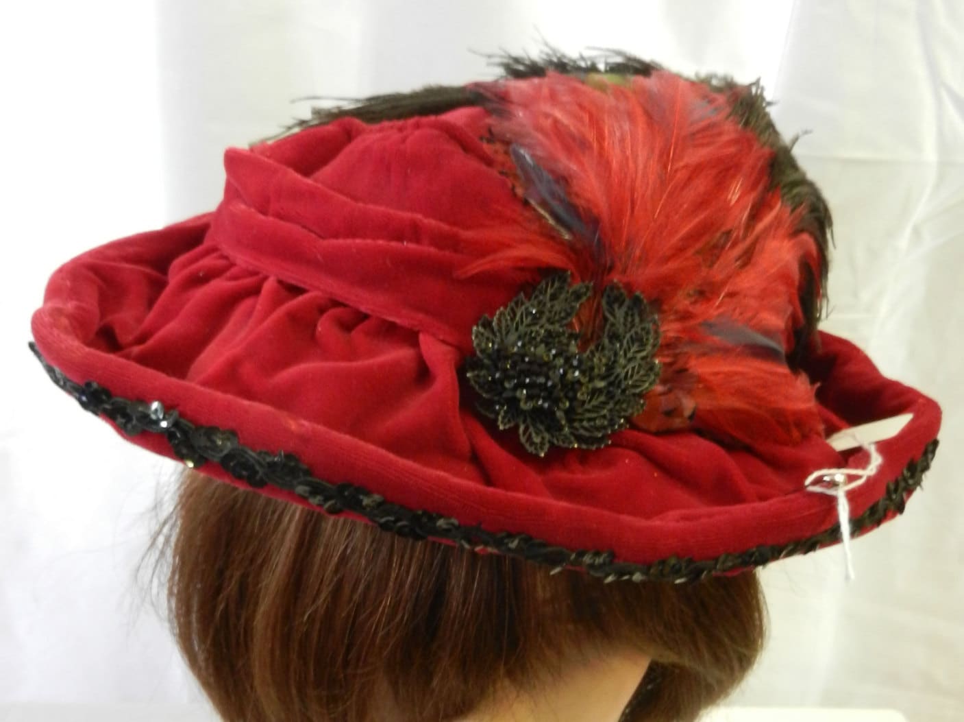 Vintgae Red Velvet Hat With Ostrich Feathers Sequins Hand - Etsy