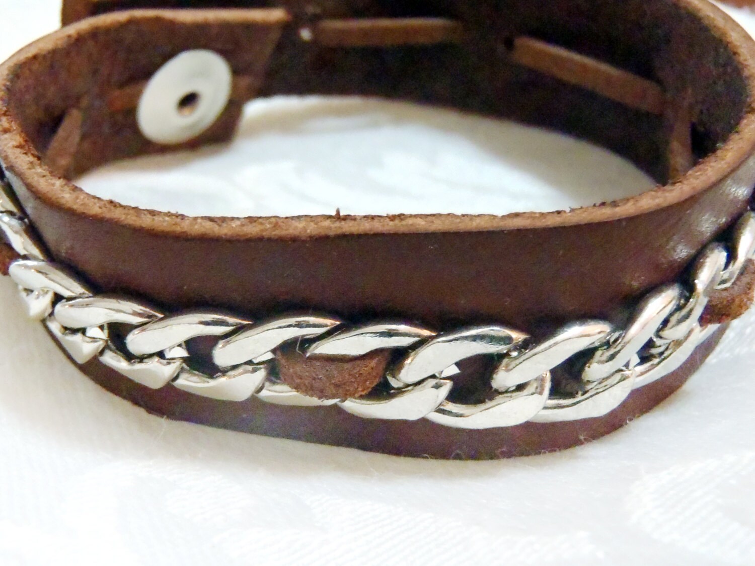 Leather Chain Cuff Bracelet Medium Oiled Leather Strap Bracelet With ...