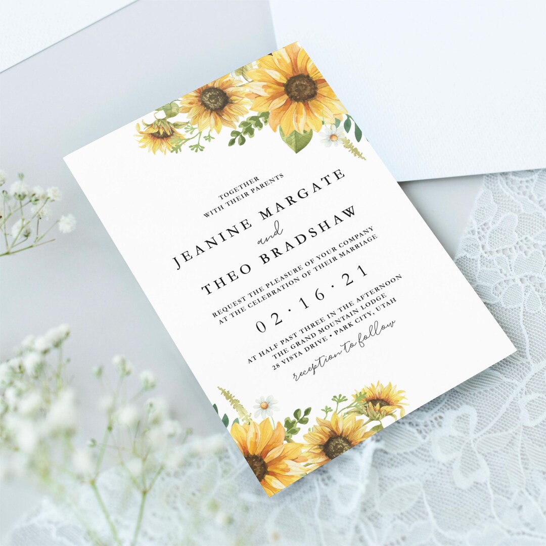 Wedding Invitation Sunflower Floral Custom Invites Greenery Leaves ...