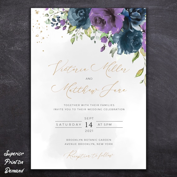 Wedding Invitation Floral Elegant Custom Invites Flowers Blue | Etsy