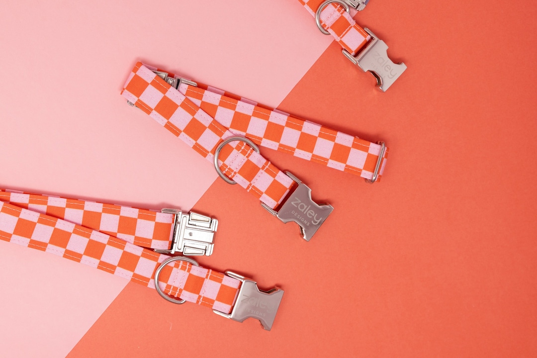 Pink and Orange Checker Dog Collar With Metal Buckle, Gingham, Plaid ...