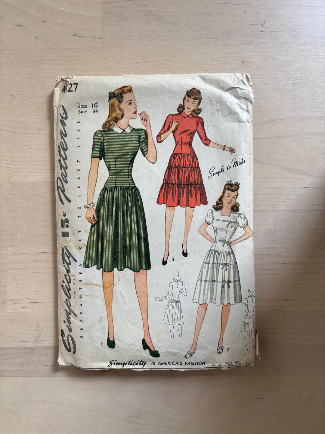 Simplicity 4127 Vintage 1940s Dress Sewing Pattern 34" Bust- CUT Read ...