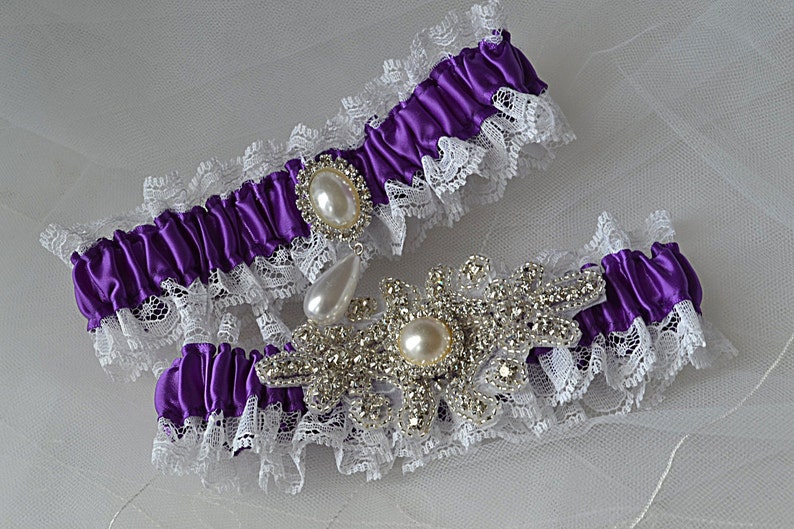 Wedding Garter Bridal Garter Set Purple With White Raschel Lace And