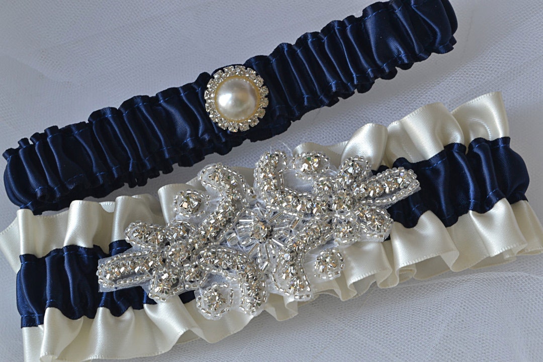Wedding Garter Set - Navy Blue Garters and Ivory Satin With Rhinestone ...