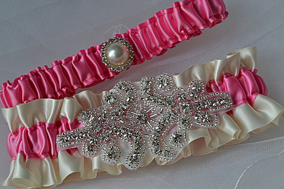 Wedding Garter Set - Hot Pink and Ivory Garters With Crystal Rhinestone ...
