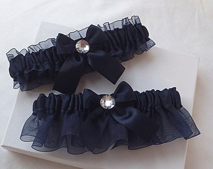 Wedding Garter Set - Navy Blue Garters With Rhinestones - Etsy