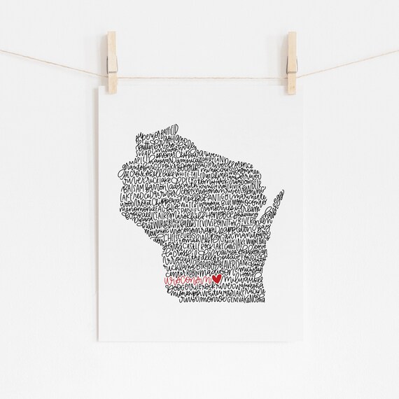 Wisconsin Calligraphy Illustration Print // Housewarming Gift | Etsy