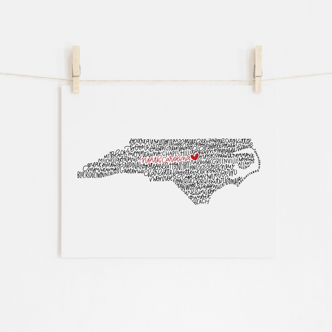 North Carolina Calligraphy Illustration Print // Housewarming Gift ...
