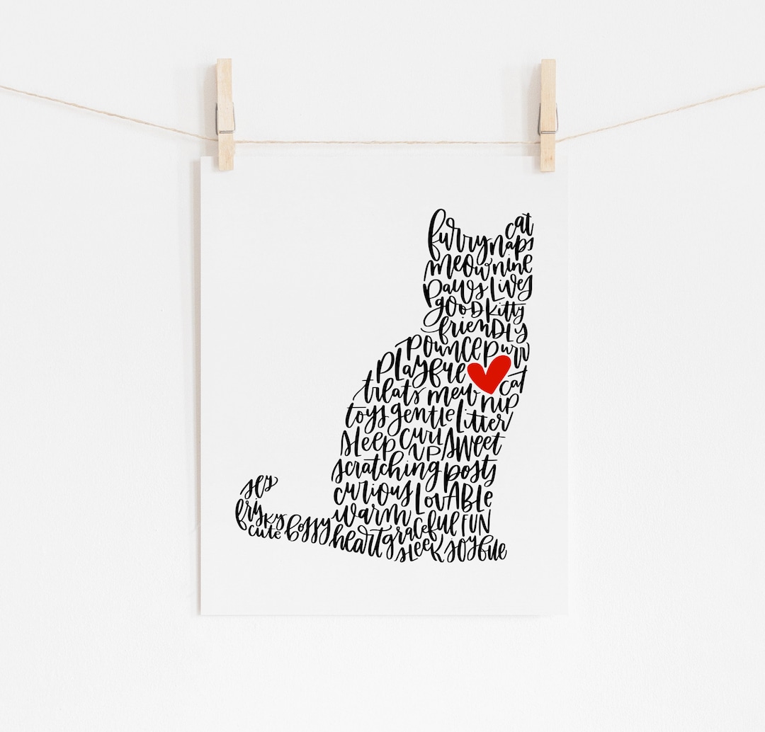 Cat Calligraphy Illustration Print // Cat Lover Gift - Etsy