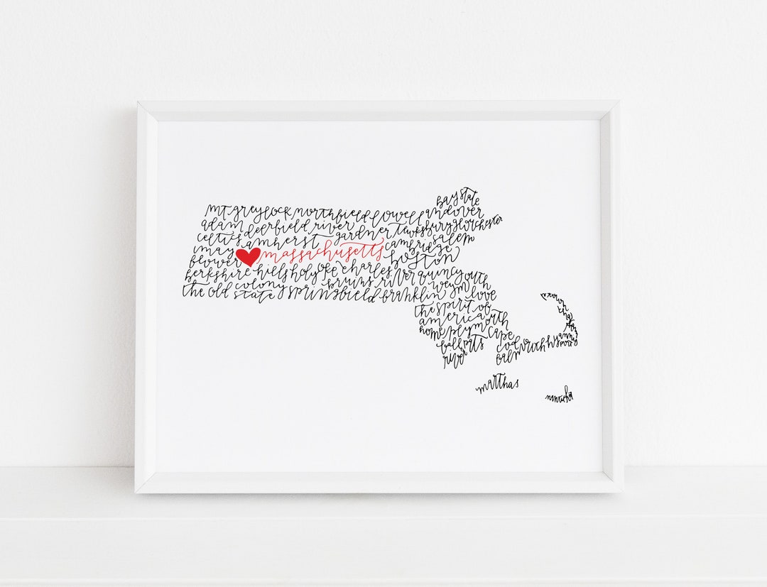 Massachusetts Calligraphy Illustration Print // Housewarming - Etsy