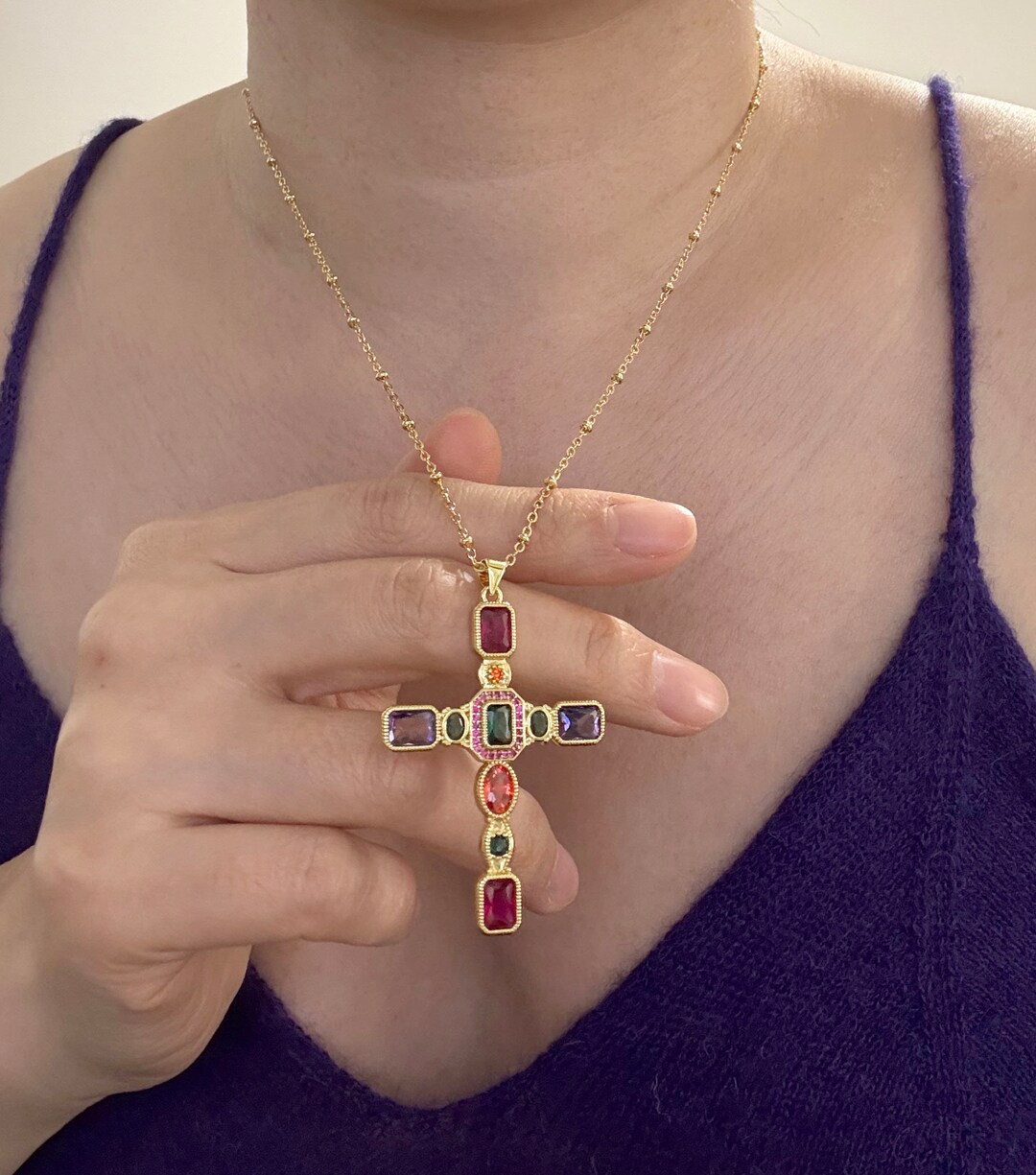 Vintage Cross Necklace. Multicolor Cross Necklace. Religious Jewelry ...