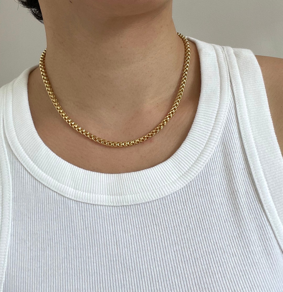 Gold Round Box Chain Choker Necklace. 4mm Thick Box Chain. Gold Chunky ...
