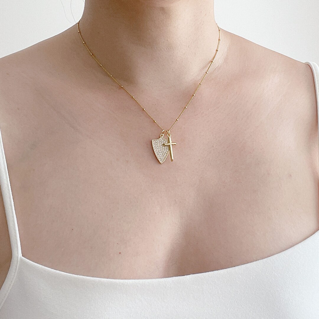 Gold Pave Shield With Cross Necklace. Gift for Her. Under 30. - Etsy