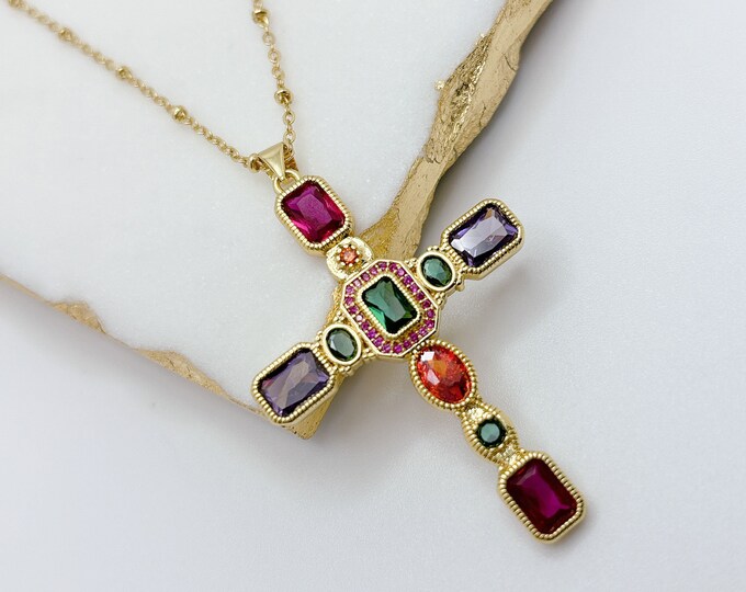 Vintage Cross Necklace. Multicolor Cross Necklace. Religious Jewelry ...