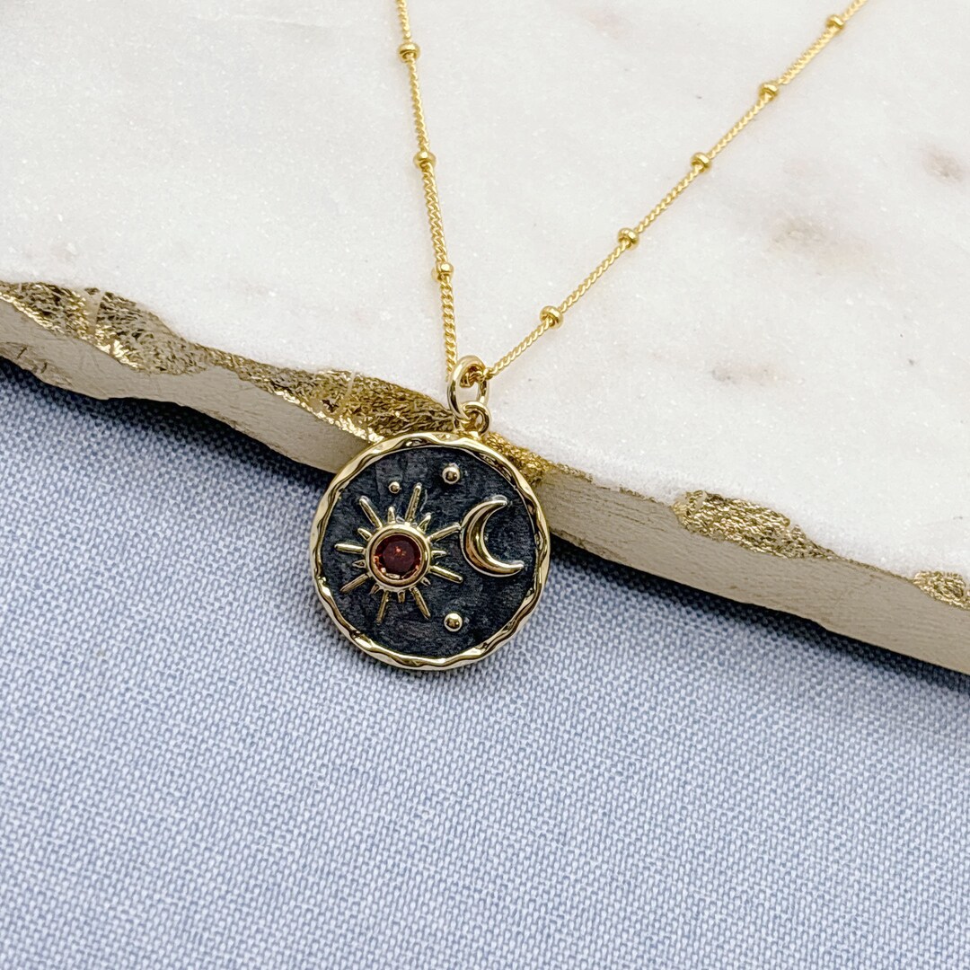 Dainty Dark Grey Enamel Moon and Sun Coin Pendant Necklace. Celestial Necklace. Solar Eclipse ...