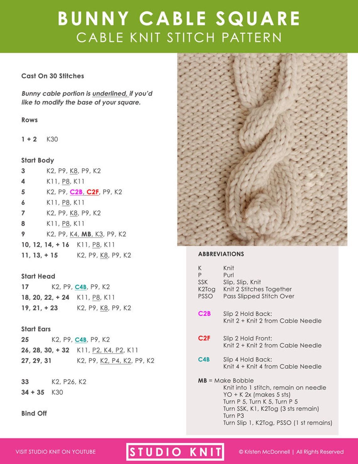 Bunny Cable Knitting Pattern PDF Download | Etsy