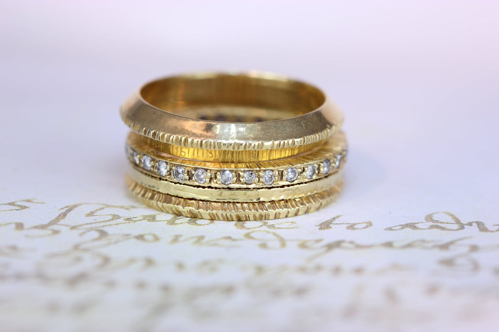 14 Kt. Yellow Gold Diamond Handmade Stacking Rings - Etsy