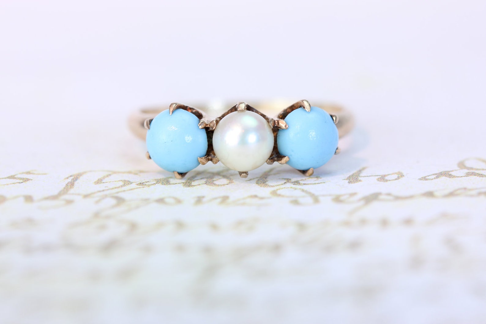 14kt. Yellow Gold Sleeping Beauty Turqoise & Pearl Ring - Etsy