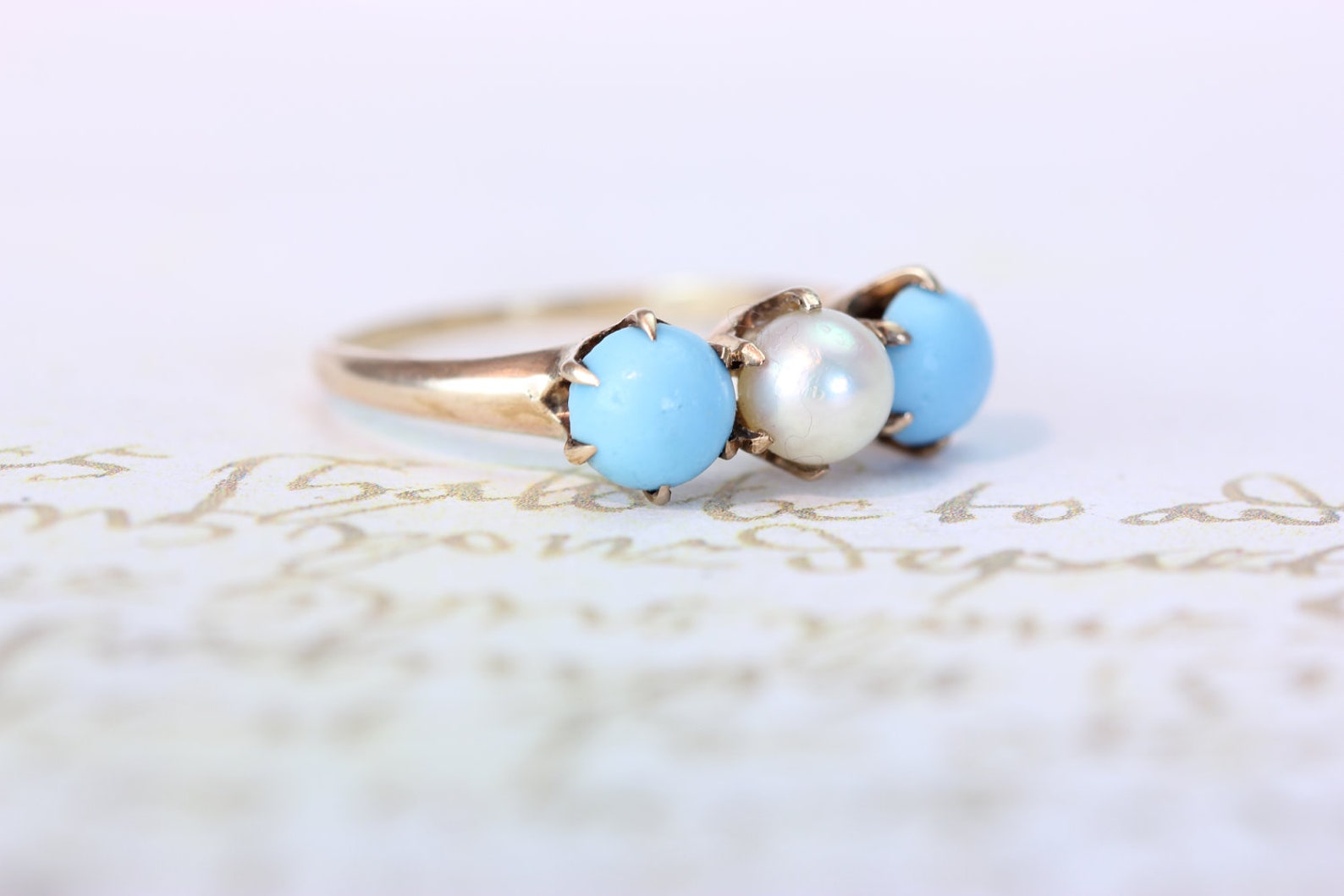 14kt. Yellow Gold Sleeping Beauty Turqoise & Pearl Ring - Etsy