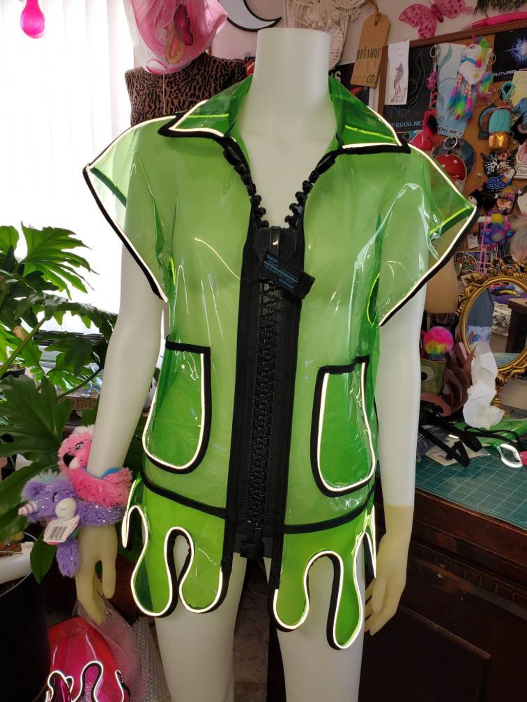 UV Reflective Vinyl Melting Long Vest Jacket Rave Coat Burning Man ...