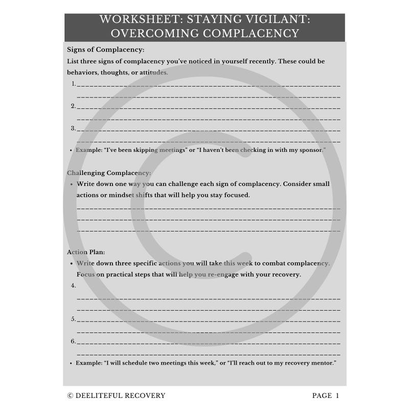 Addiction Recovery Group Therapy Worksheet: Overcoming Complacency (PDF ...
