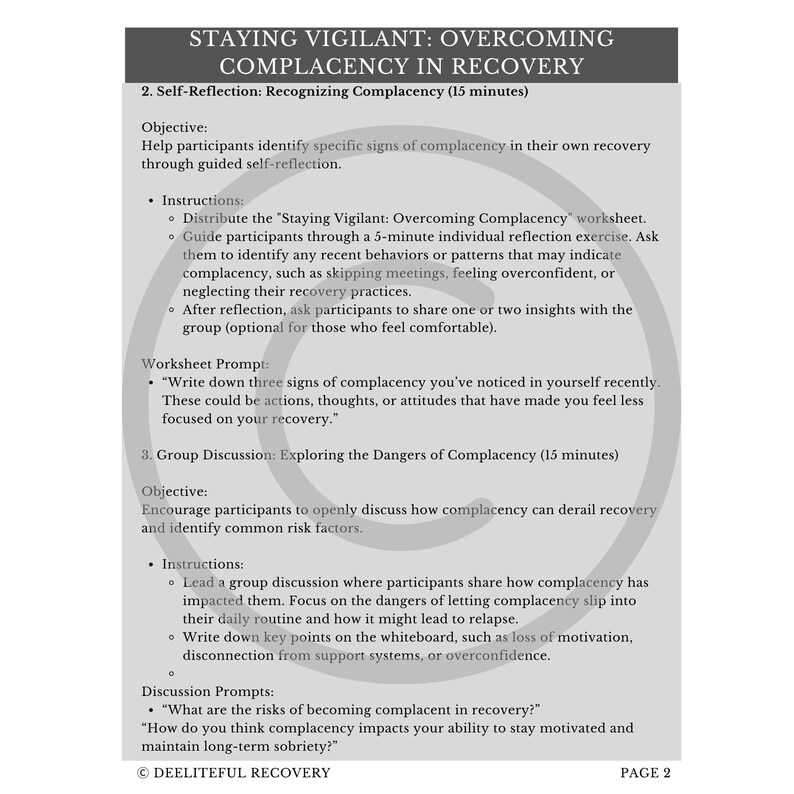 Addiction Recovery Group Therapy Worksheet: Overcoming Complacency (PDF ...