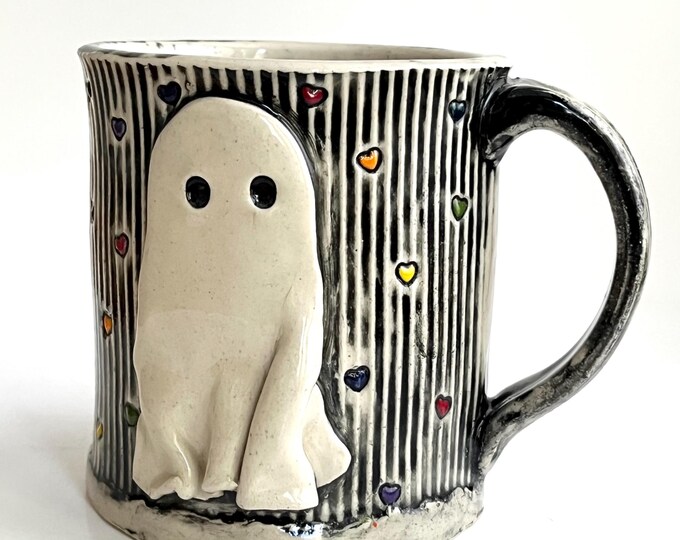 Rainbow Hearts Halloween Hand Built Cruddy Ghosts Mug With Lily of the ...