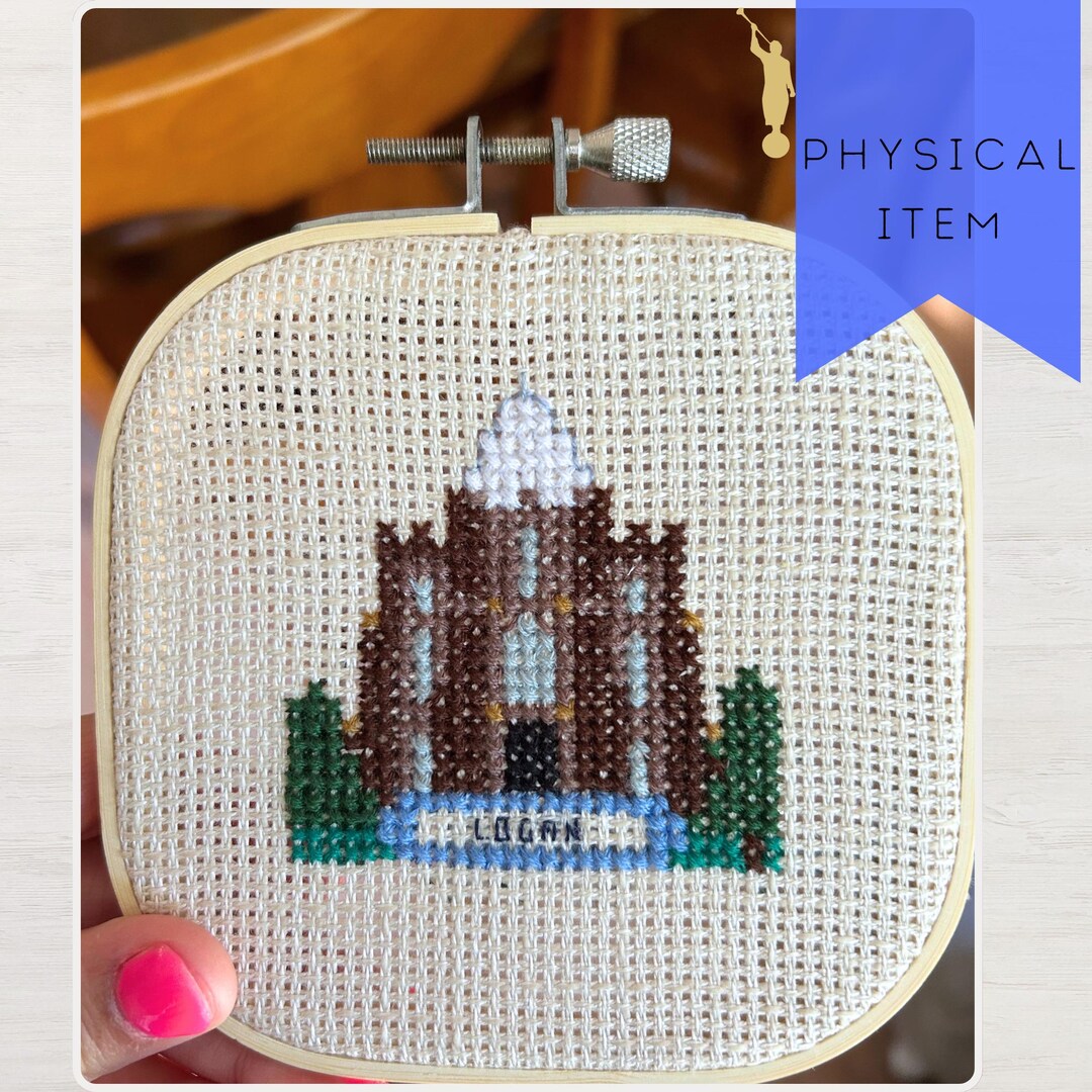 Finished Logan Temple Cross Stitch in a Square Embroidery Hoop; LDS ...