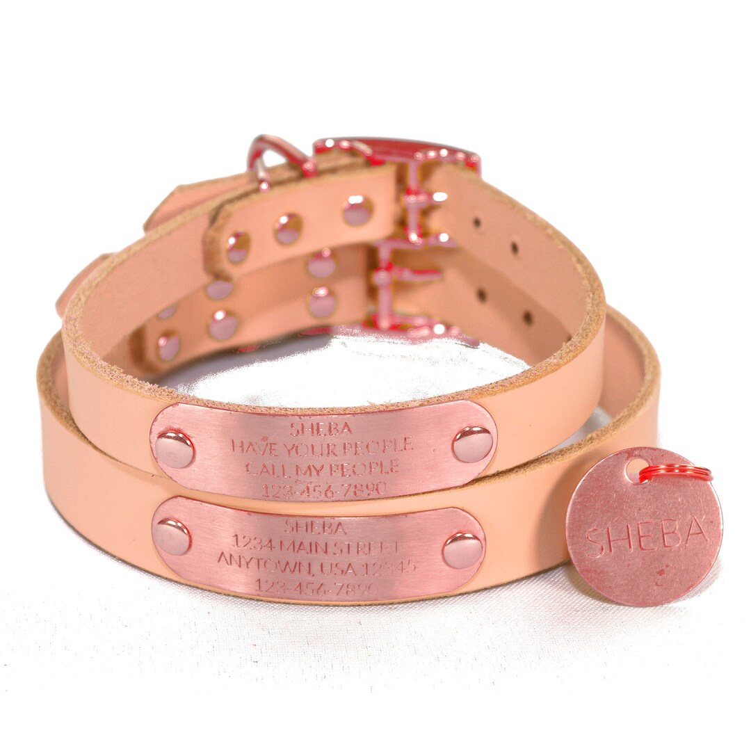 Personalized Blush Pink Leather Dog Collar, Engraved Solid Copper ...
