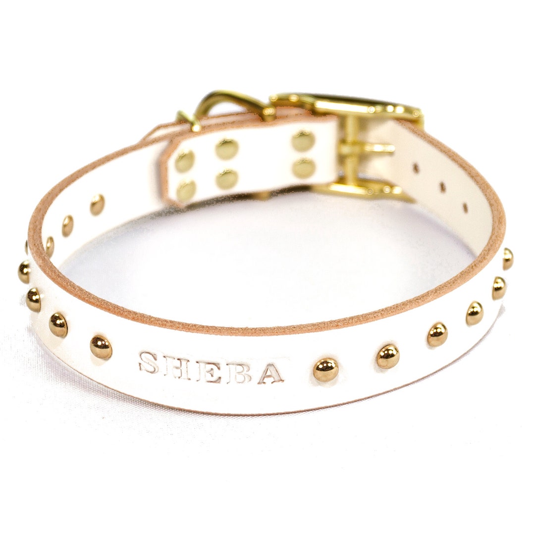 Studded Personalized White Leather Dog Collar, With Brass / Gold Tone ...
