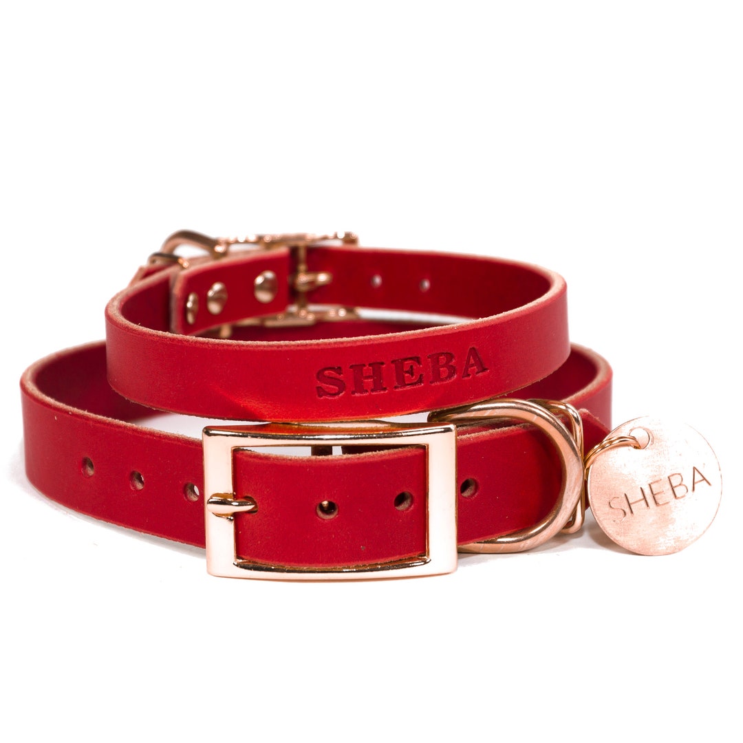 Personalized Red Leather Dog Collar, Copper / Rose Gold Tone Buckle ...