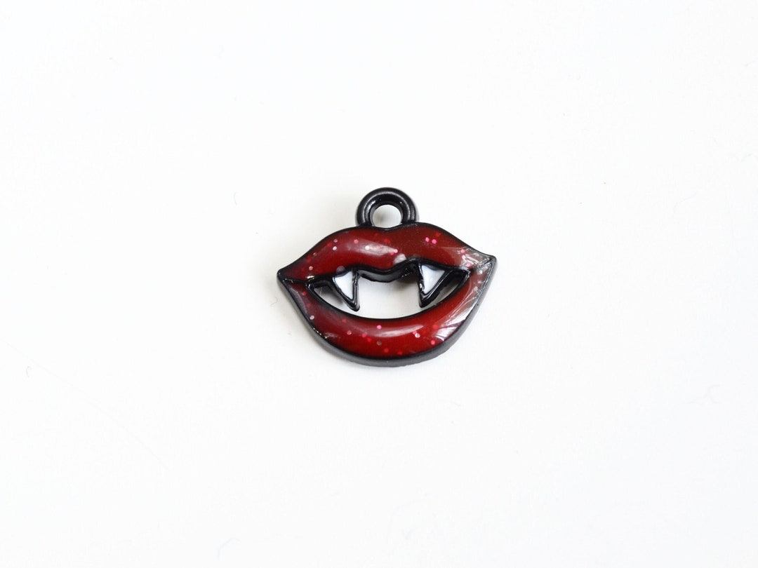 5 Red Enamel Vampire Teeth Charms, Glitter Lips Gothic Halloween ...