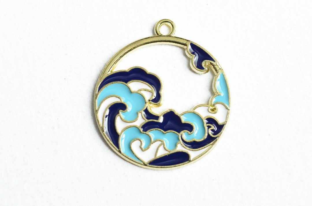 4 Ocean Wave Charm, Blue White Enamel Gold Tone Round Storm Pendants ...