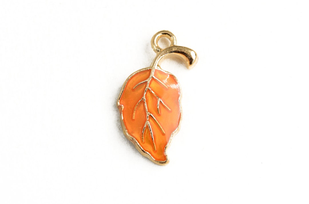 4 Orange Leaf Charms, Enamel Fall Foliage, Gold Tone Pendant, 20x11mm ...
