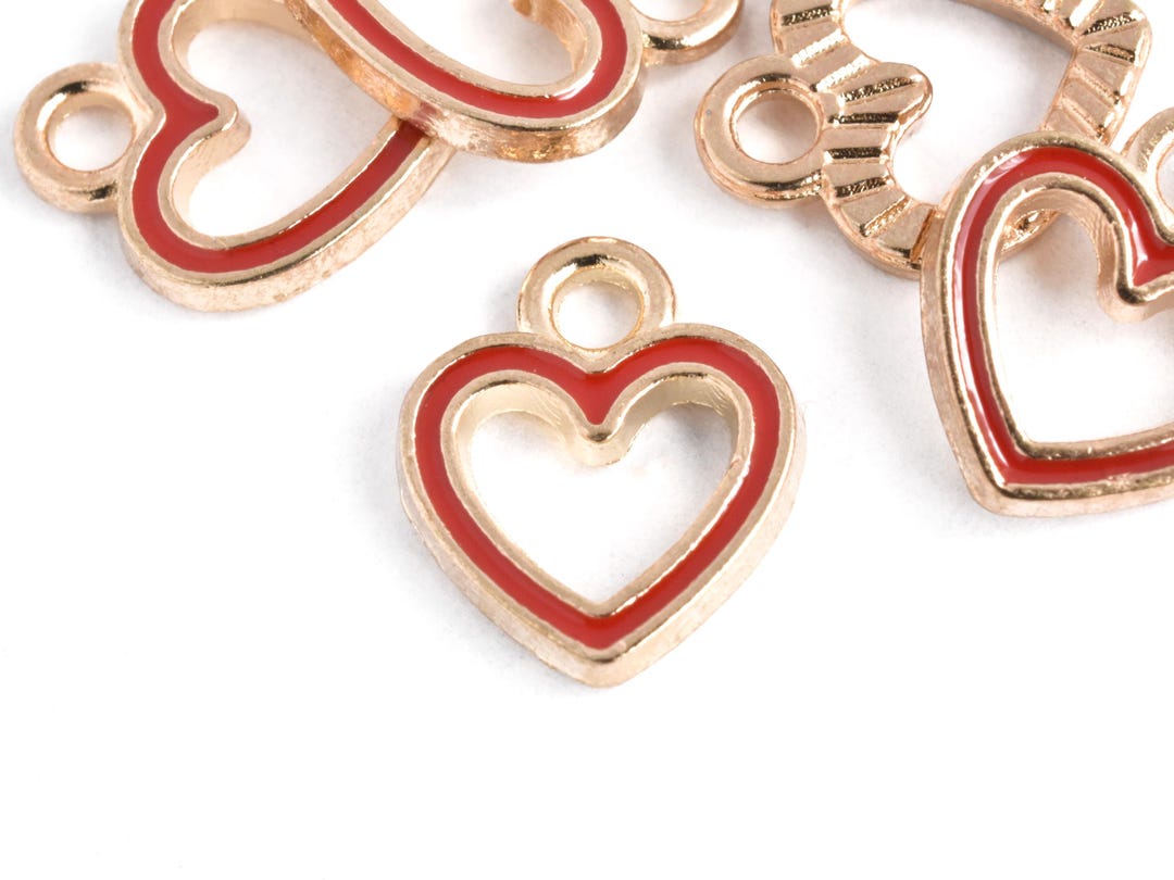 Red Heart Charm, Outline Valentine Heart Enamel With Gold Toned Plating ...