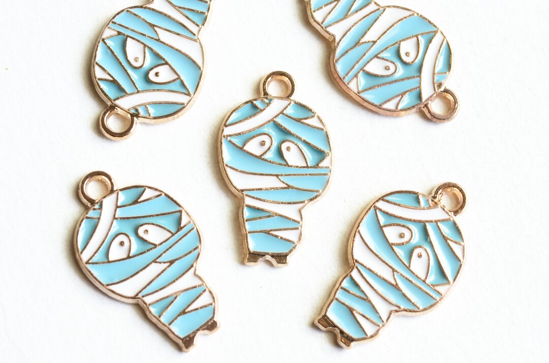 4 Mummy Charms, Blue White Enamel Cute Cartoon Style Halloween Mummies ...
