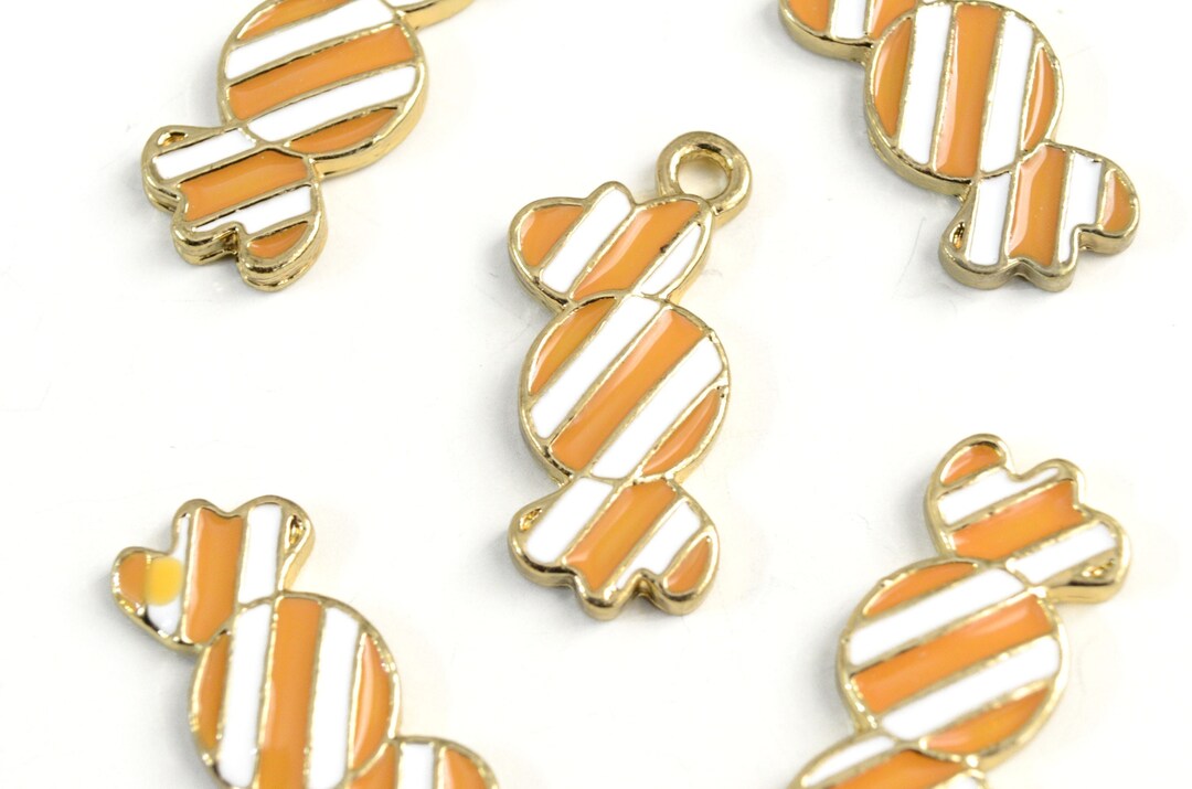 5 Striped Candy Charms, Orange and White Enamel Gold Toned Halloween ...