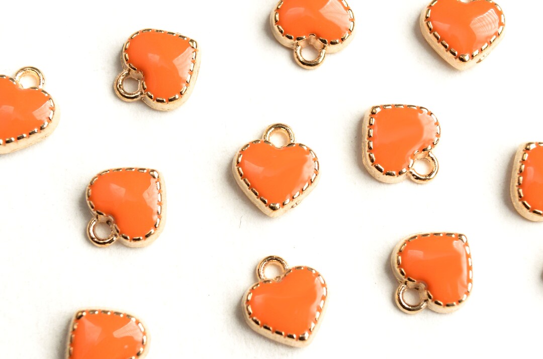 Tiny Orange Heart Charms, Enamel Gold Toned Plating - 10 Pieces (1554 ...