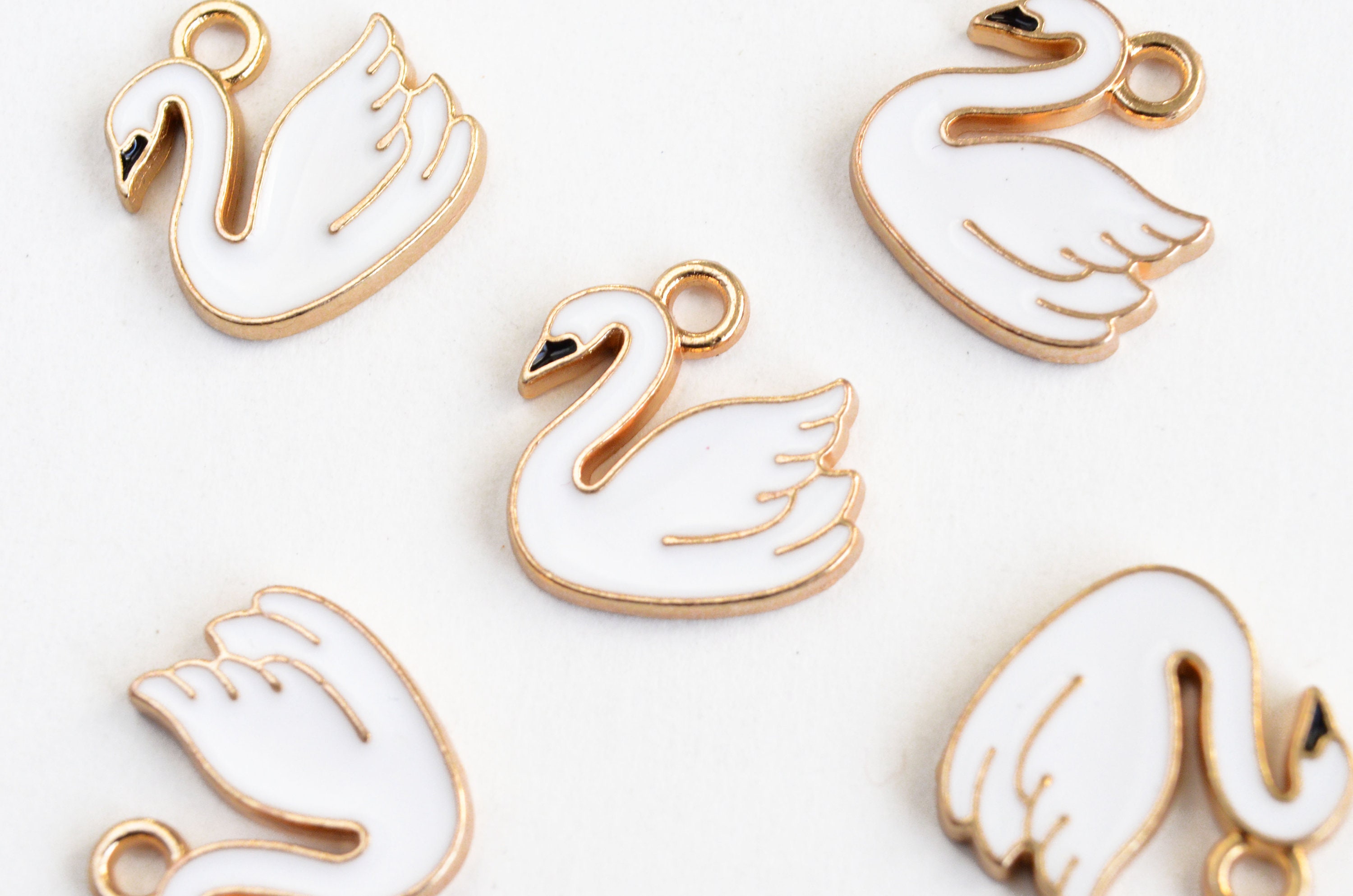 White Swan Charms Gold Toned Enamel Bird Pendants 14mm X | Etsy
