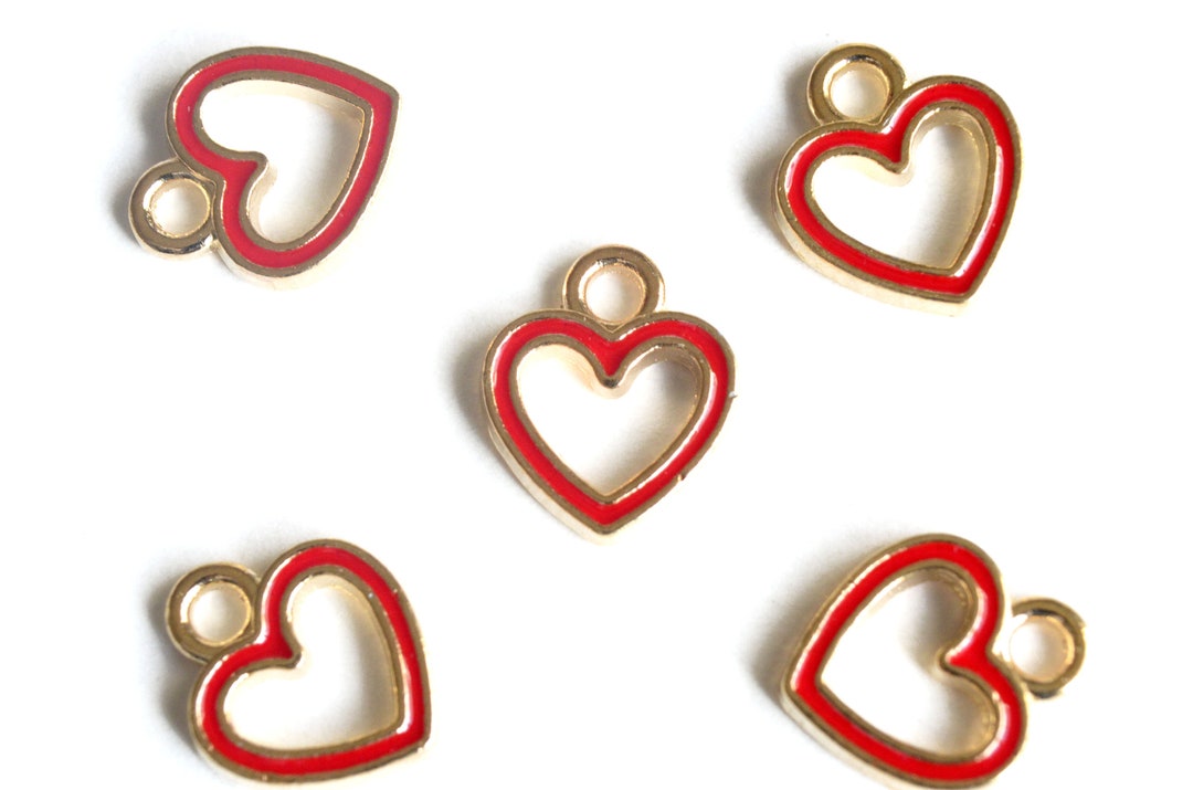 Heart Outline Charm, Red Enamel, Gold Toned Plating, 12mm X 10mm 5 ...