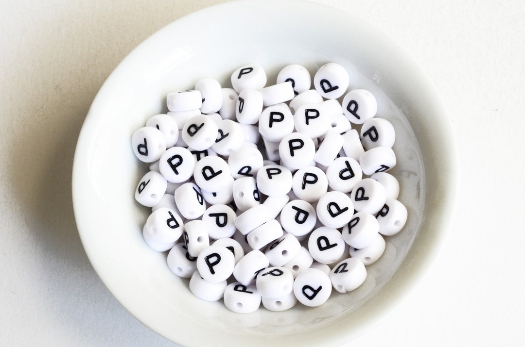 Letter P Plastic Alphabet Beads, White With Black Initial, 7mm X 3.5mm ...