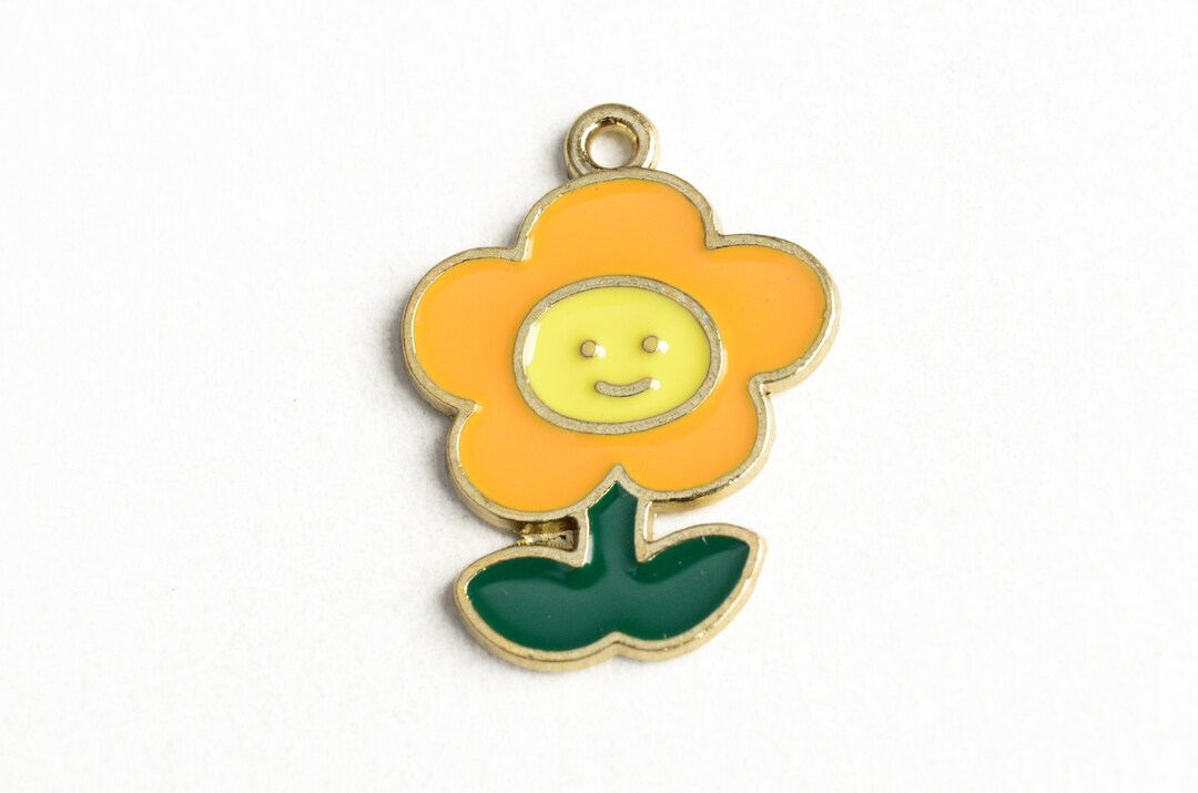 4 Yellow Flower Charms With Smiling Cartoon Face, Enamel Gold Tone ...