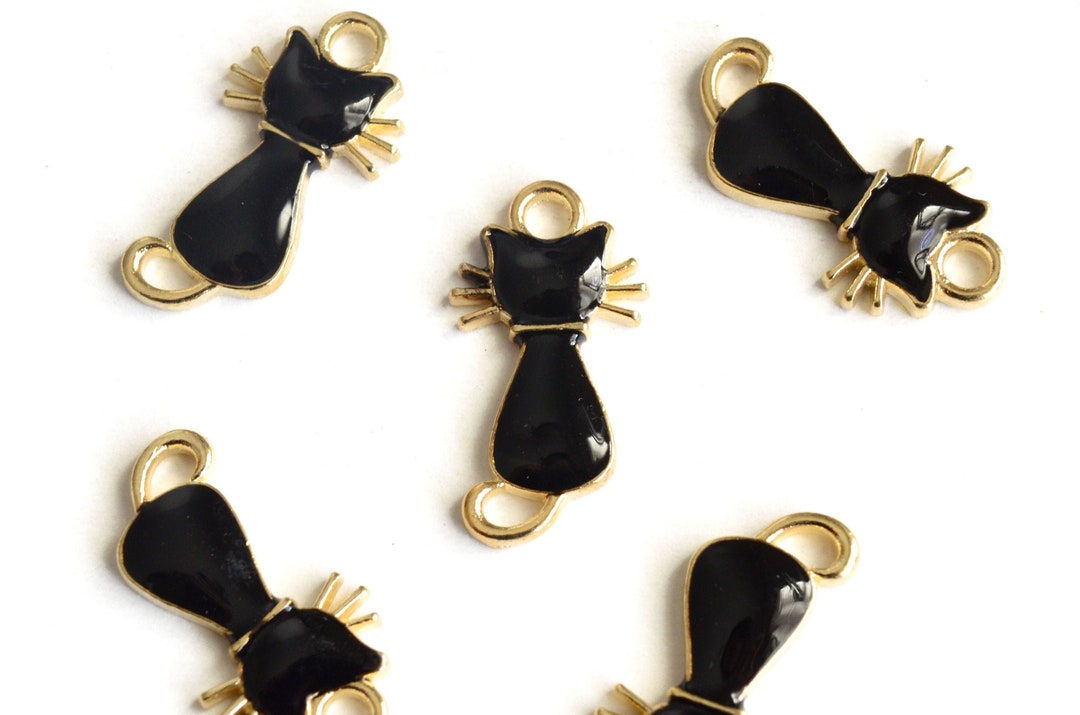 Black Cat Charms, Enamel Sitting Cat, Gold Toned, 21mm X 11mm - 5 ...