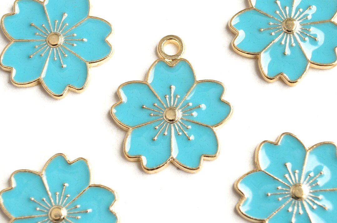 5 Flower Charms, Turquoise Enamel Blossom Gold Toned, 21mm X 18mm (1571 ...