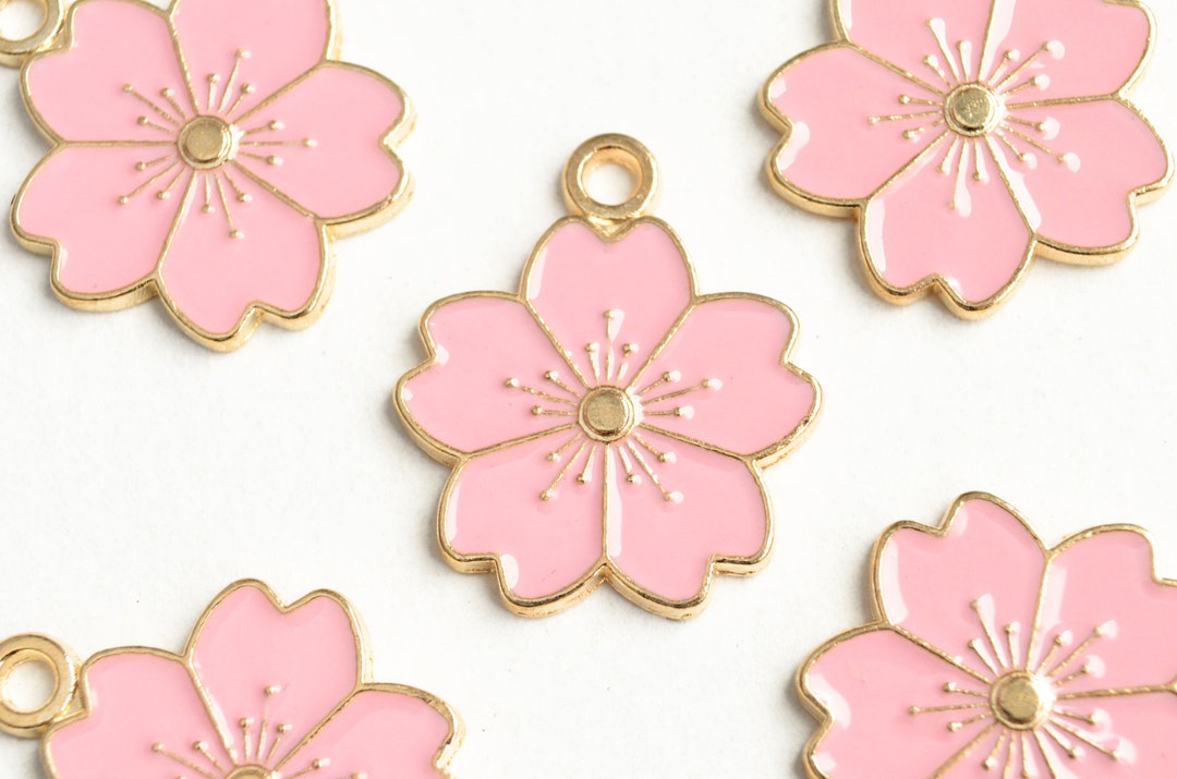 Pink Cherry Blossom Charms, Spring Flower Pendants, Gold Tone, Enamel ...