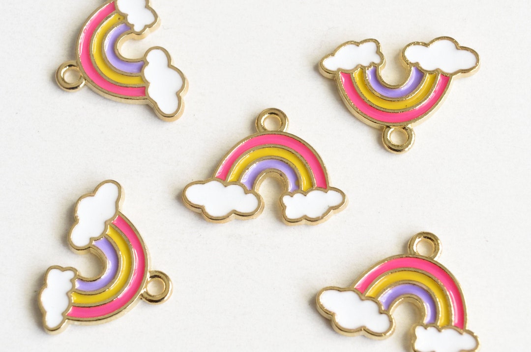 4 Rainbow Charms With Clouds, Pink Yellow Purple Enamel, Gold Tone ...