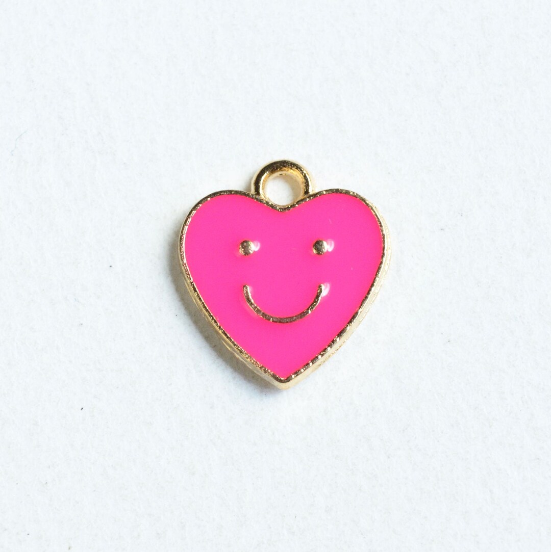 5 Heart Charms With Smile, Hot Pink, Light Pink, or Purple Enamel, Gold ...