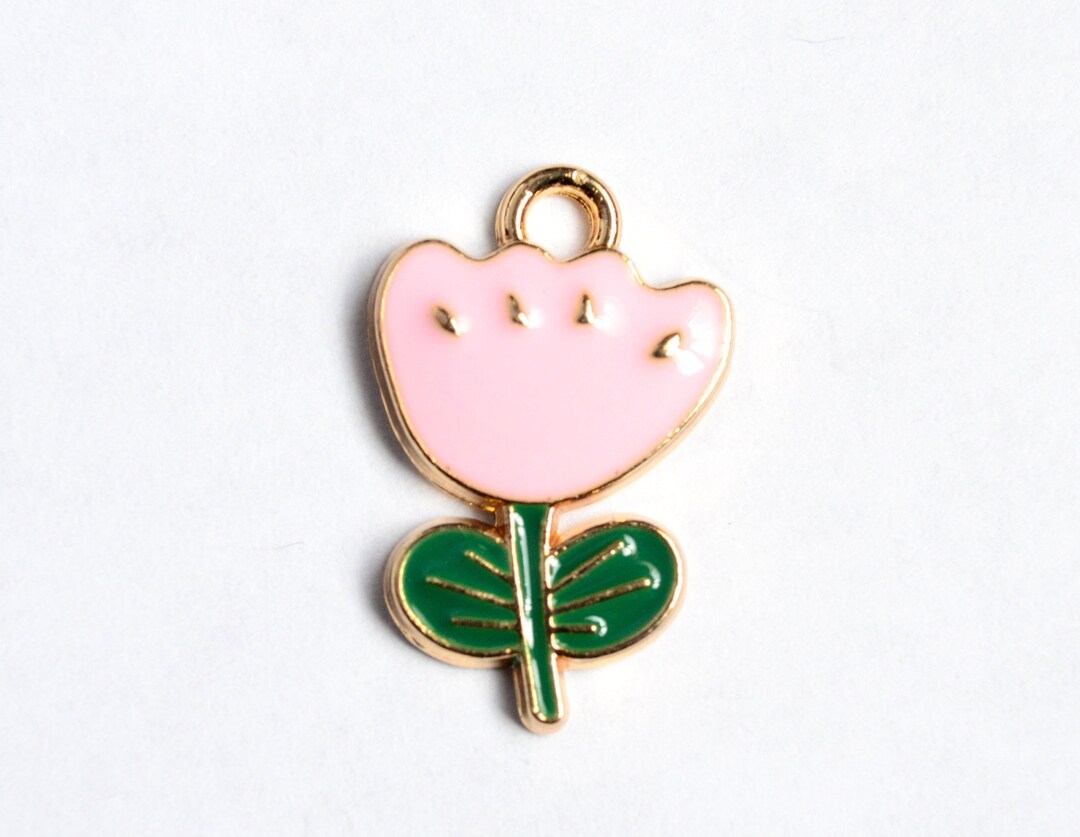 Pink Tulip Charms: Enamel Flower Pendants With Gold Tone (5 Pieces) - Etsy
